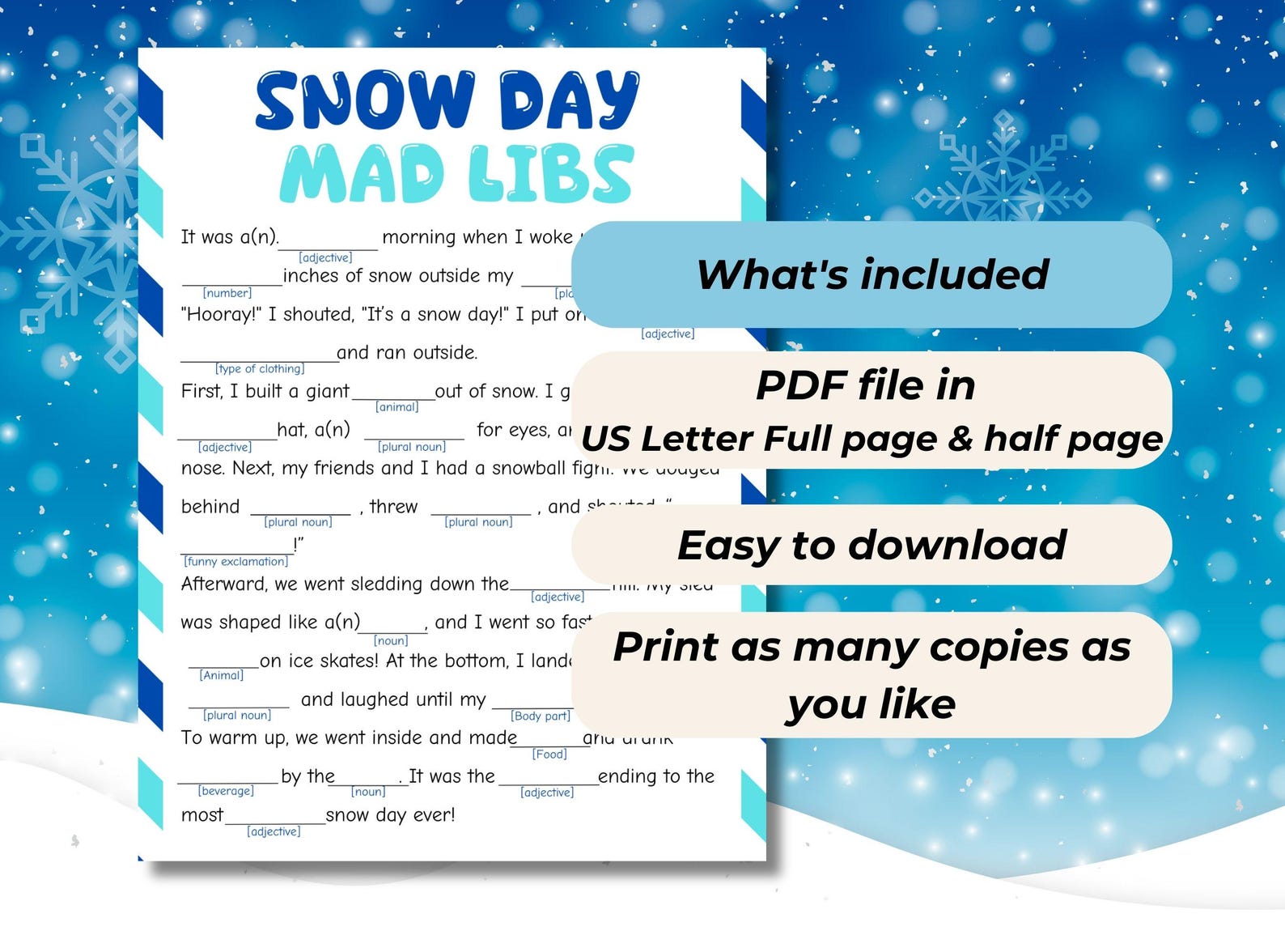 Snow Day Mad Libs Game: Winter Family Fun (printable PDF) - Etsy