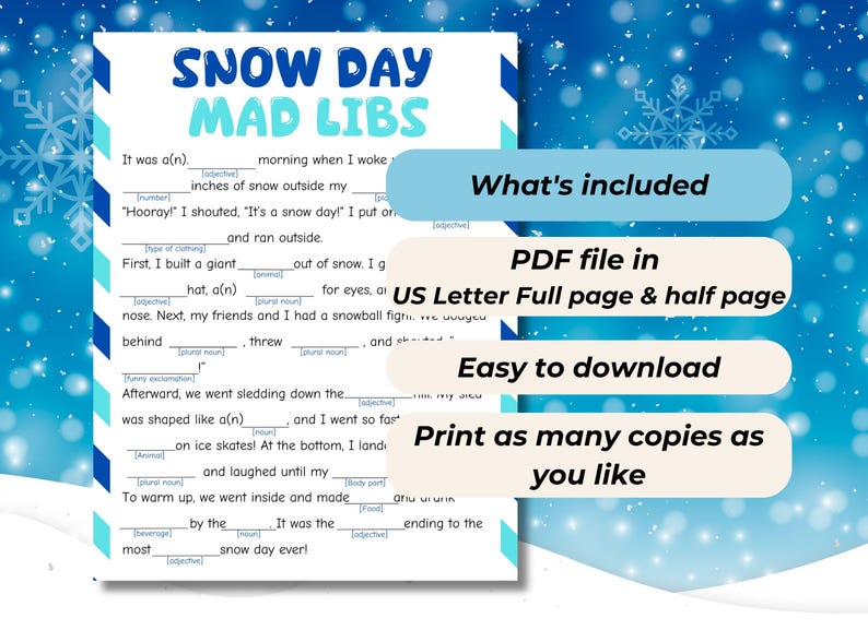 Snow Day Mad Libs Game, Winter Mad Libs Printable, Winter Games for ...