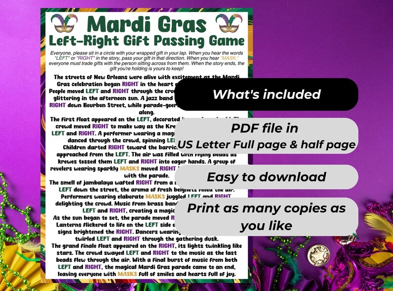 Mardi Gras Left Right Gift Passing Game: Printable Party Activity ...
