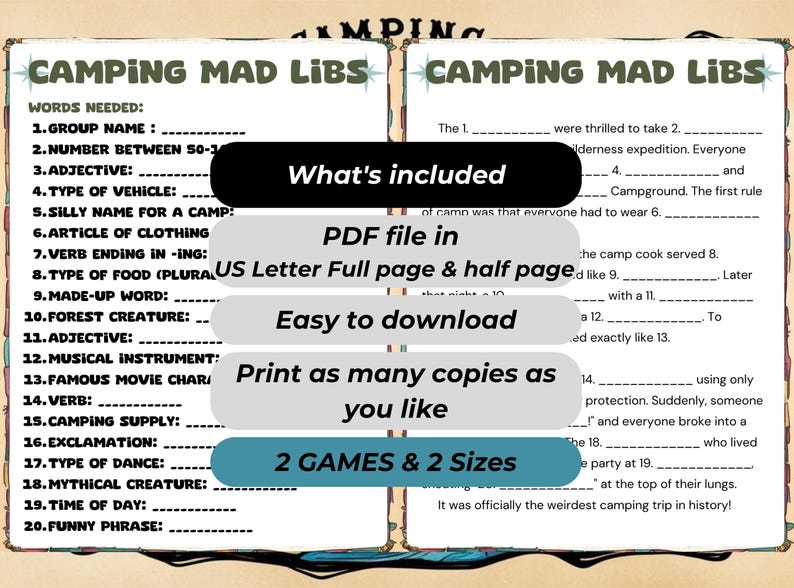 Camping Mad Libs Printable Game for Kids & Adults, Camping Activity ...
