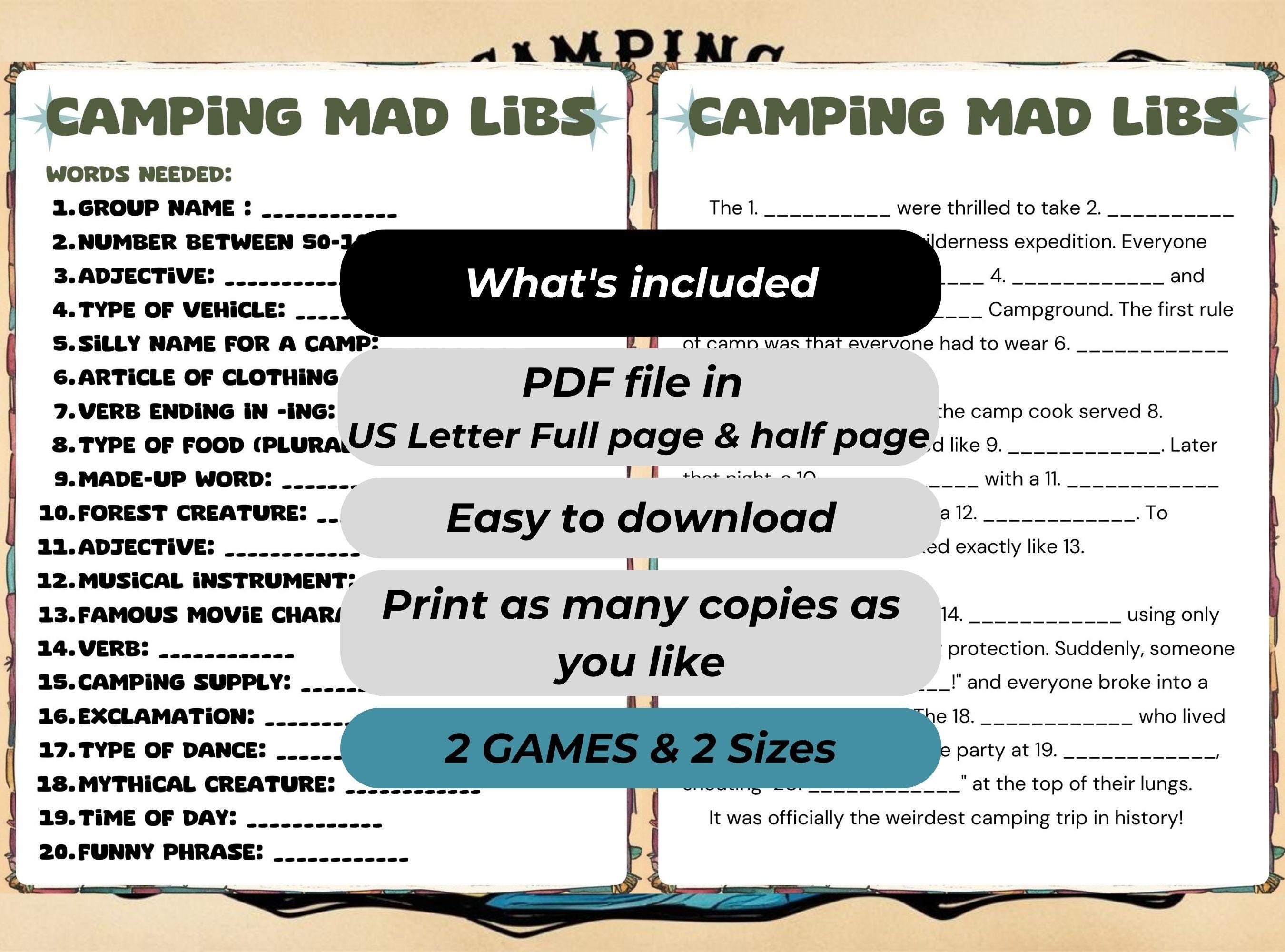 Camping Mad Libs Printable Game for Kids & Adults, Camping Activity ...