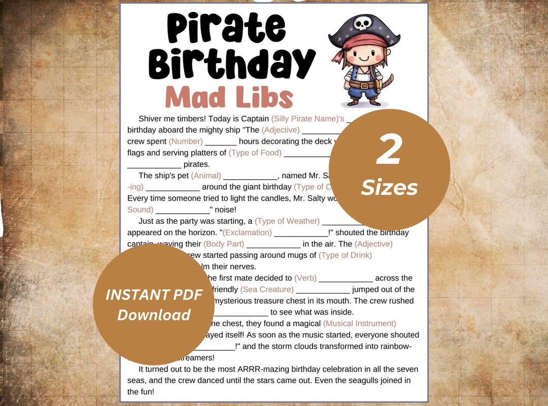 Pirate Birthday Mad Libs Printable Game, Birthday Party Games for Kids ...