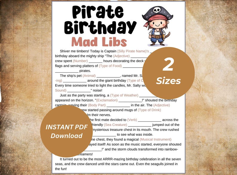 Pirate Birthday Mad Libs Printable Game, Birthday Party Games for Kids ...
