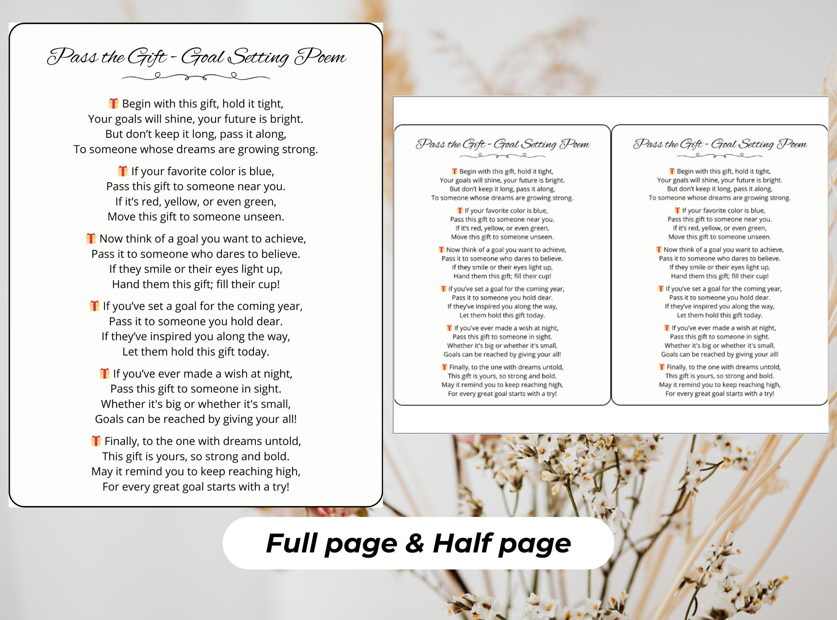 Inspirational Goal Setting Poem Printable, Pass the Gift Game ...