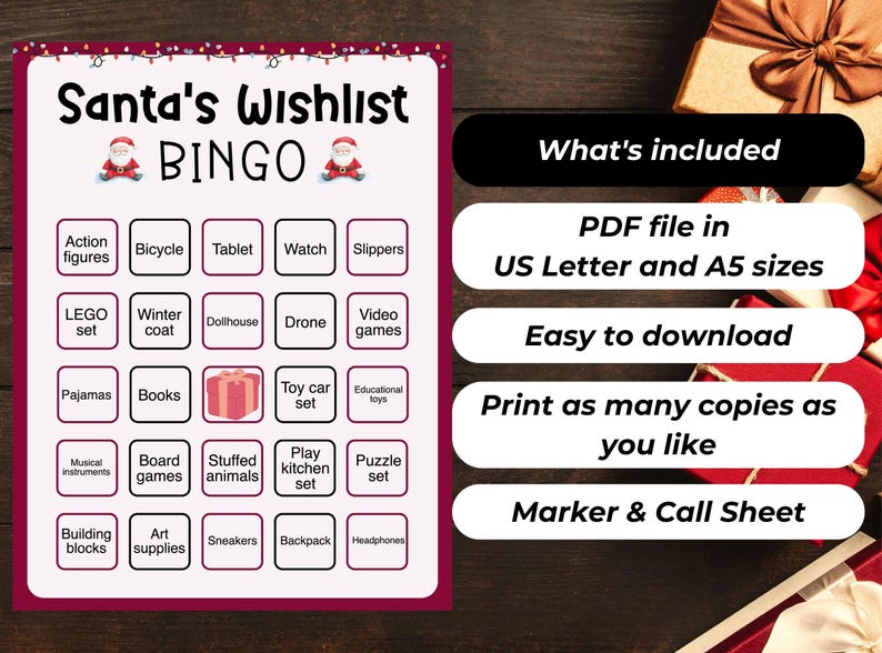 Santa's Wishlist Christmas Bingo Game, 50 Bingo Cards for Kids, Fun ...