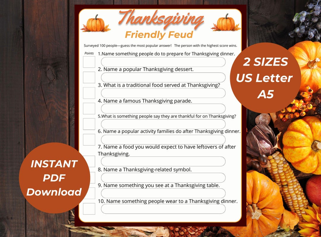 Thanksgiving Friendly Feud Printable Game Family Trivia Fun for All ...
