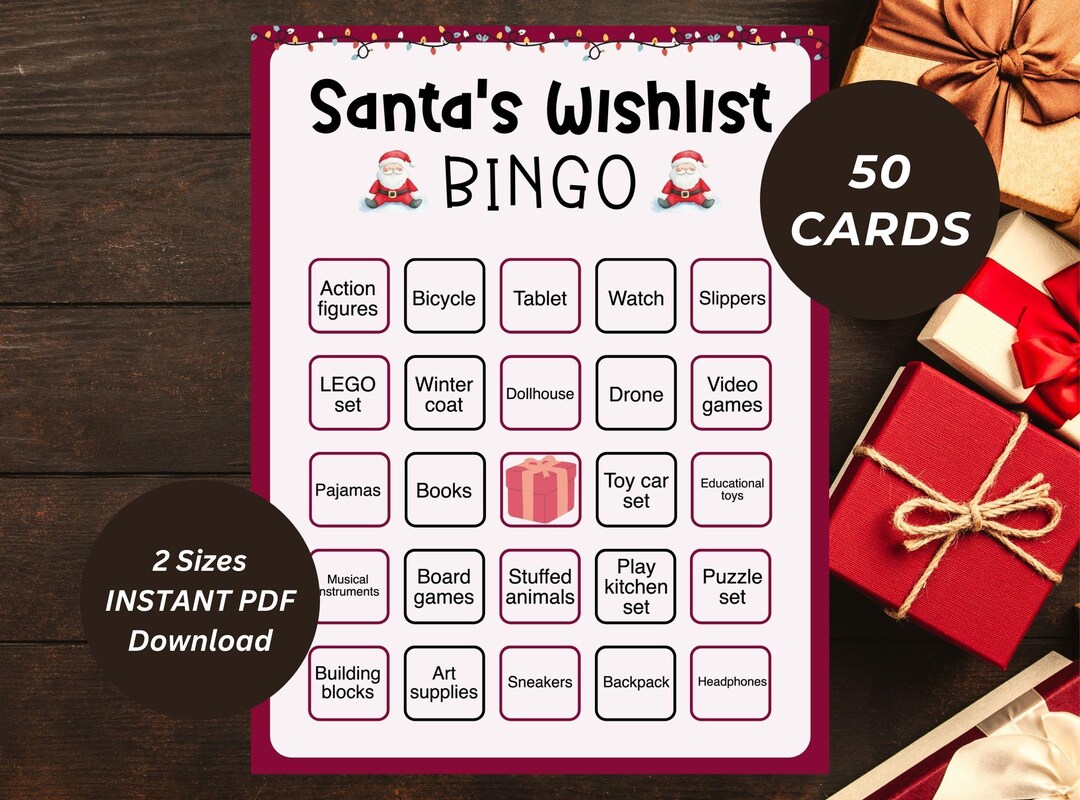 Santa's Wishlist Christmas Bingo Game, 50 Bingo Cards for Kids, Fun ...