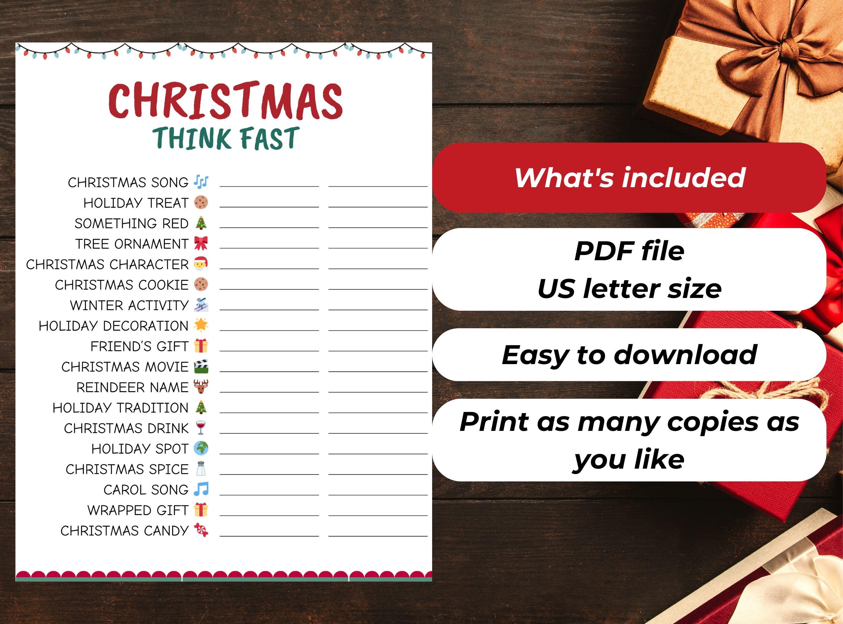 Think Fast Christmas Game Printable, Fun Family Christmas Games ...