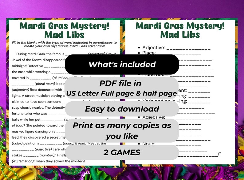 Mardi Gras Mad Libs Game: Fun Printable Party Activity (digital ...