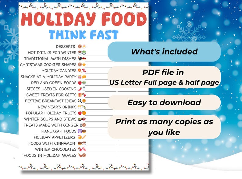 Holiday Food Think Fast Game Printable, Fun Christmas Party Activity ...