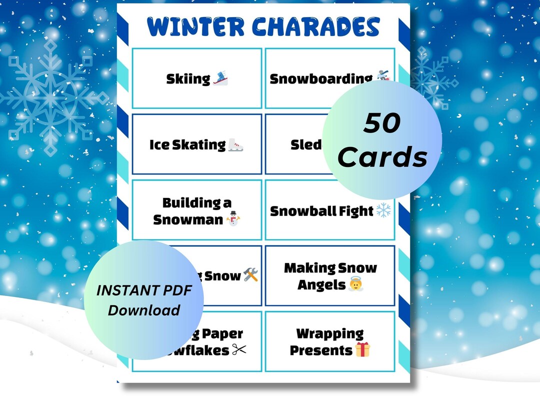 Winter Charades Game Cards, Fun Holiday Party Game, Snow Day Charades ...