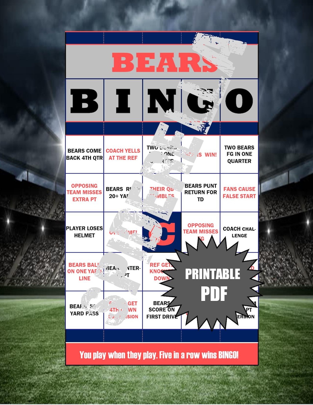 CHICAGO Football PRINTABLE Bingo Cards for a Bears Game Day - Etsy