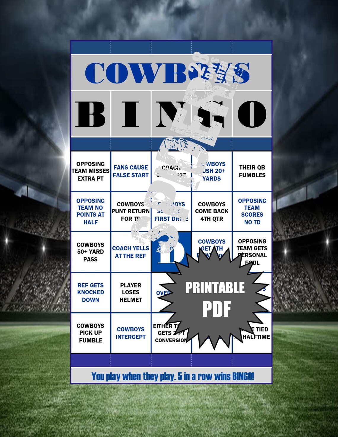 DALLAS Football PRINTABLE Bingo Cards for a Cowboys Game Day - Etsy