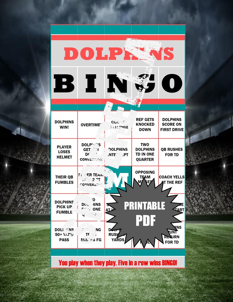MIAMI Football PRINTABLE Bingo Cards for a Dolphins - Etsy