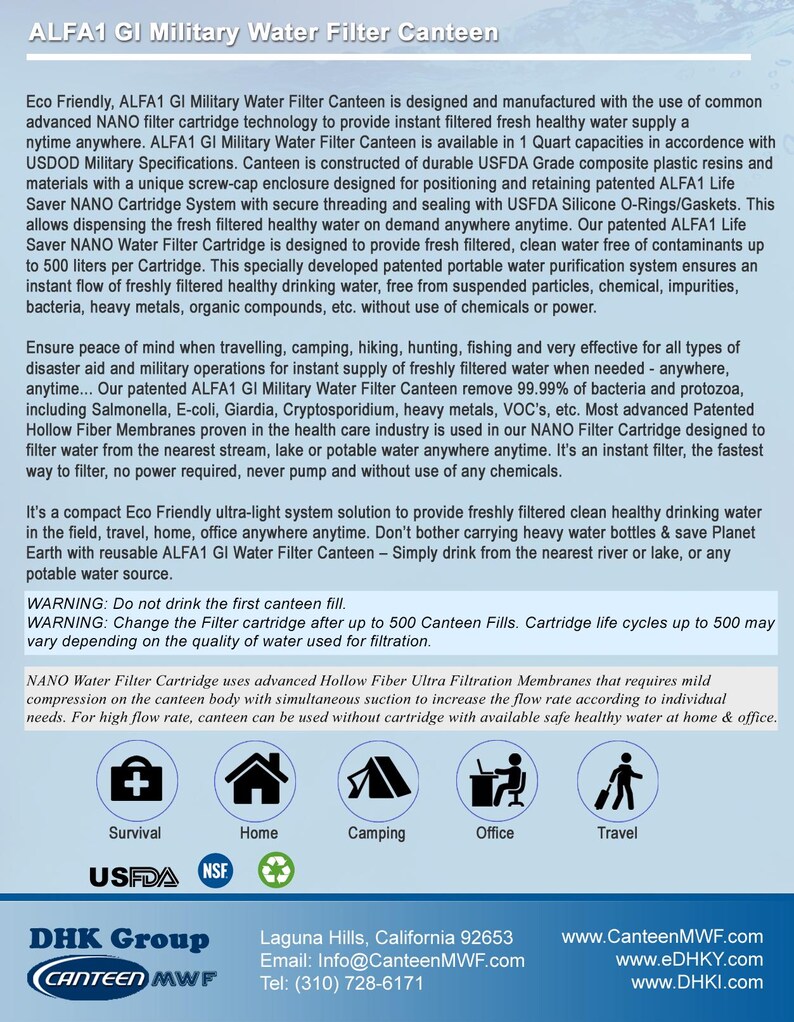 ALFA1 GI Military Water Filter Canteen+1 ALFA1 Life Saver Nano Water ...