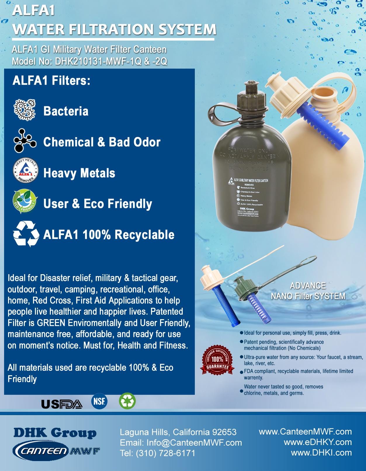 ALFA1 GI Military Water Filter Canteen+1 ALFA1 Life Saver Nano Water ...