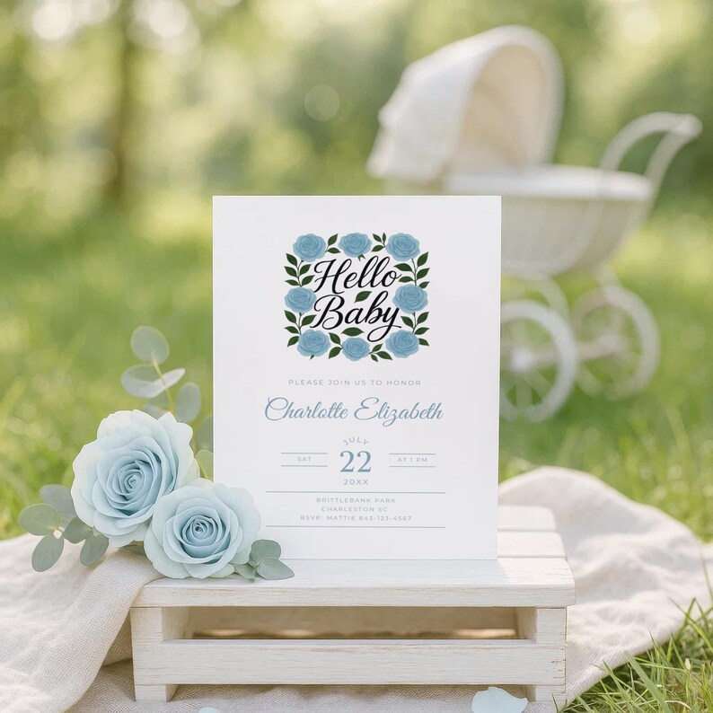 Blue Floral Baby Shower Invitation Template: Hello Baby Boy (digital ...