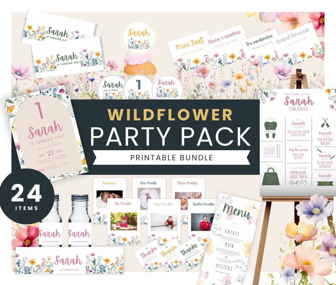 Wildflower First Birthday Party Bundle: Editable Templates (digital ...