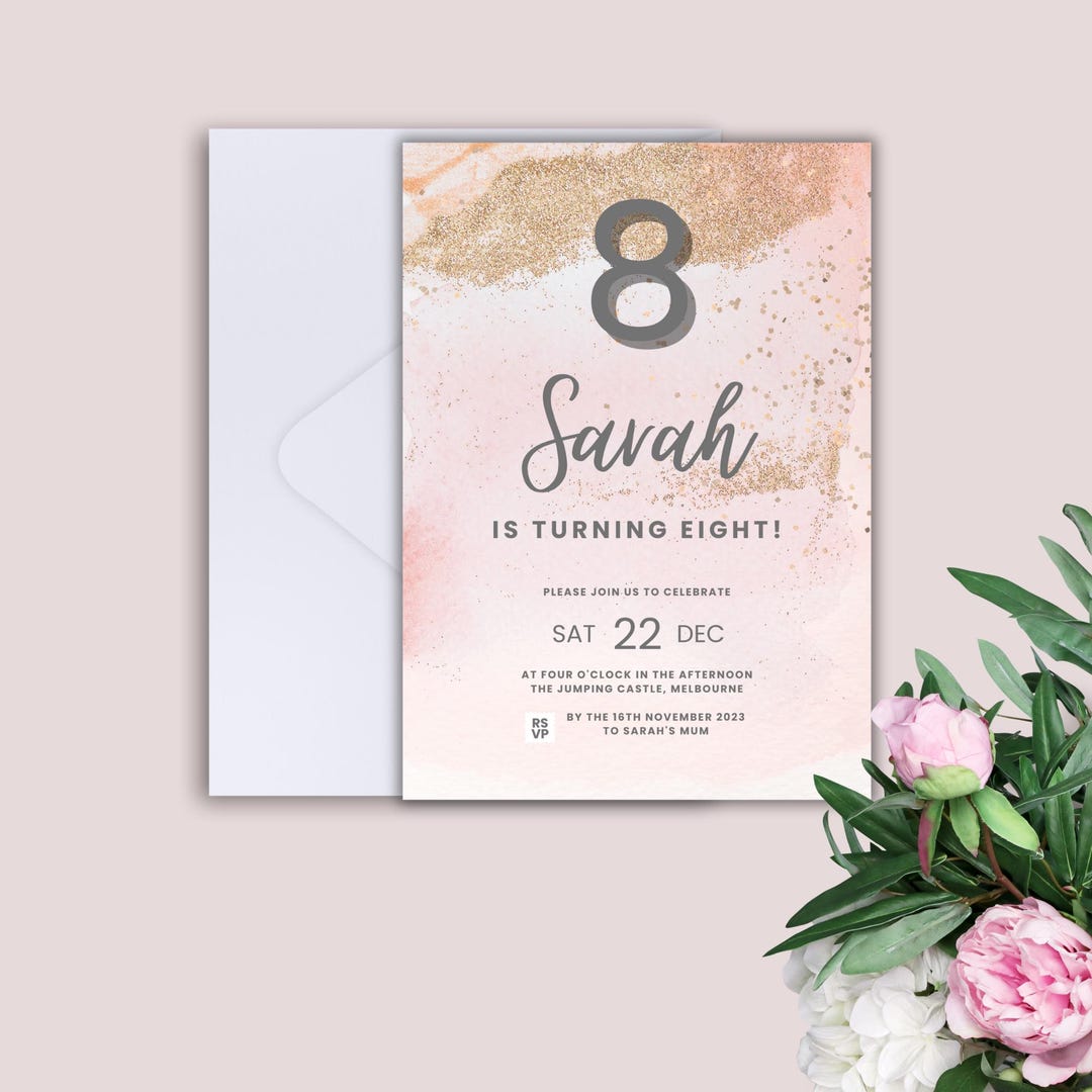 8th Birthday Invitation, Instant Download, Pink and Gold Glitter Invite ...