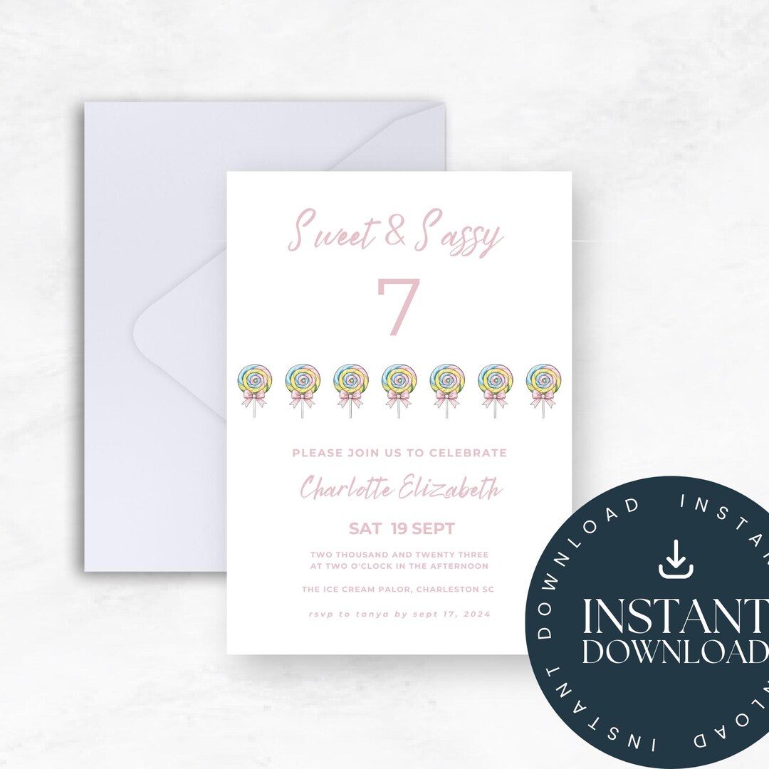 Sweet Sassy Seven Birthday Invitations, 7th Girl Digital Invite ...