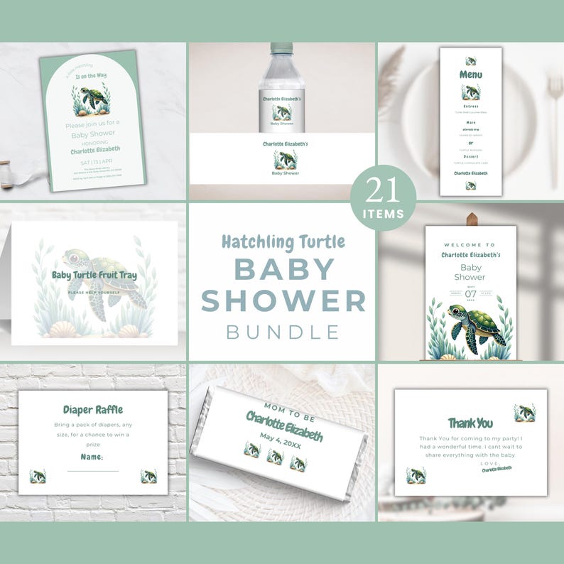 Turtle Baby Shower Bundle: Invitation, Decor, Canva Template (digital ...