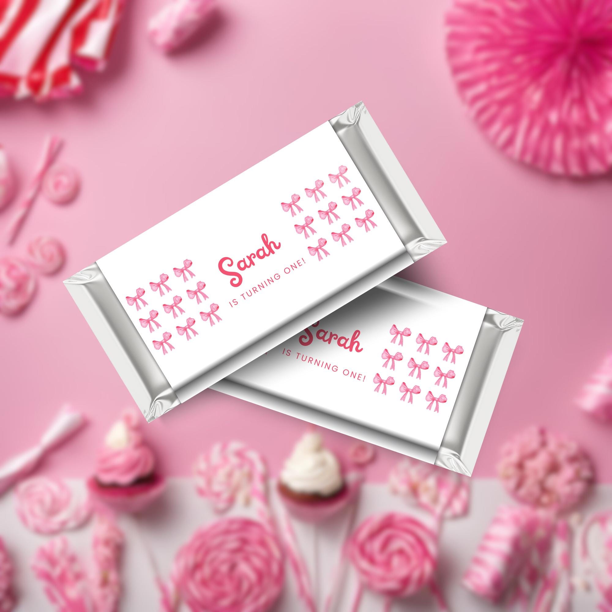 EDITABLE Pink Bow 1st Birthday Party Chocolate Wrapper, Instant ...