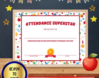 Perfect Attendance School Award Certificate, Personalized Certificate ...