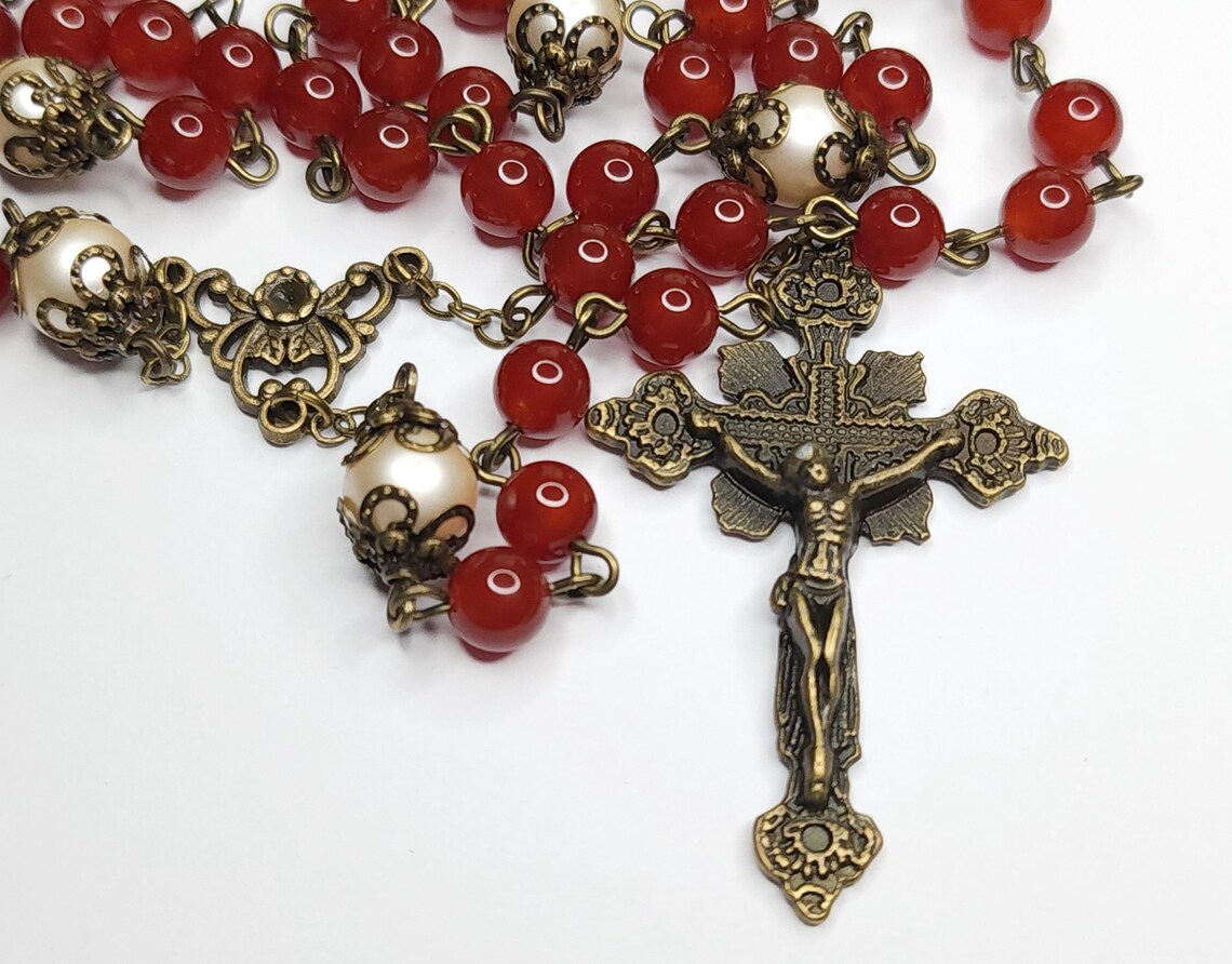 Genuine Cornelian Beads Bronze Lutheran Rosary, Protestant Rosary ...