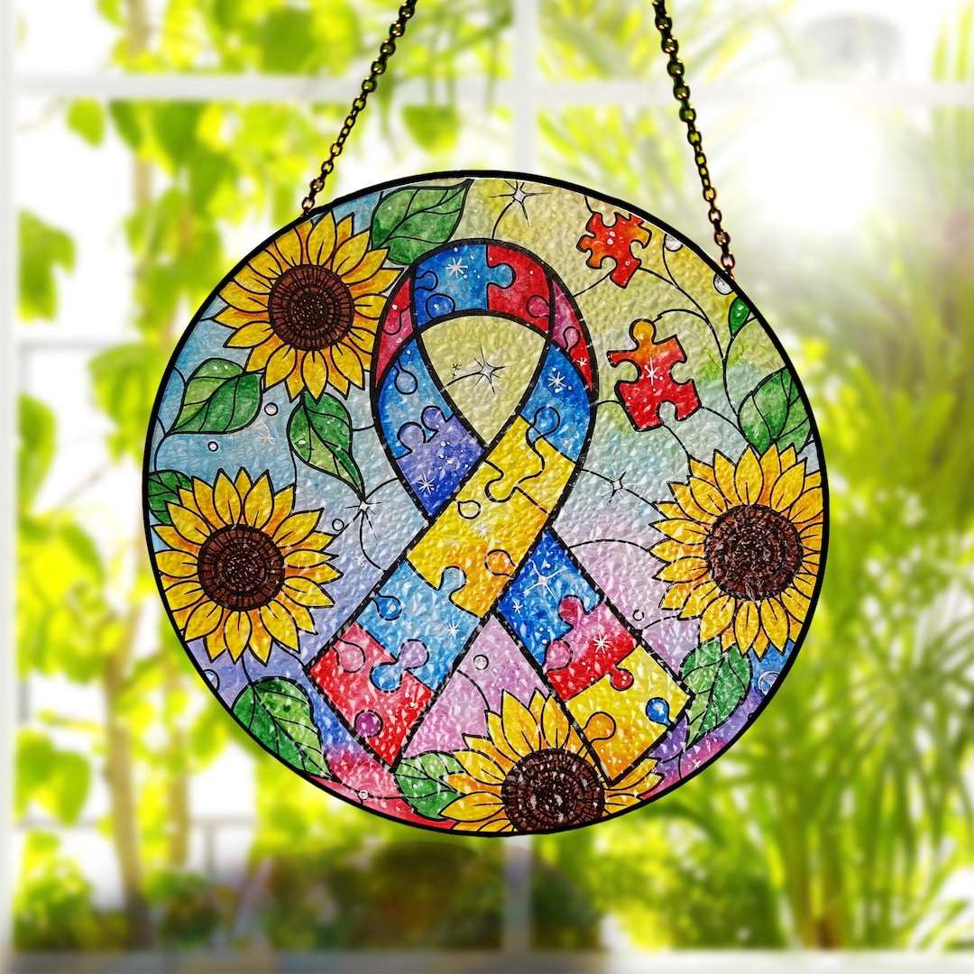 Autism Sunflower Glass Suncatcher, Handcrafted Art Piece for Home Decor ...
