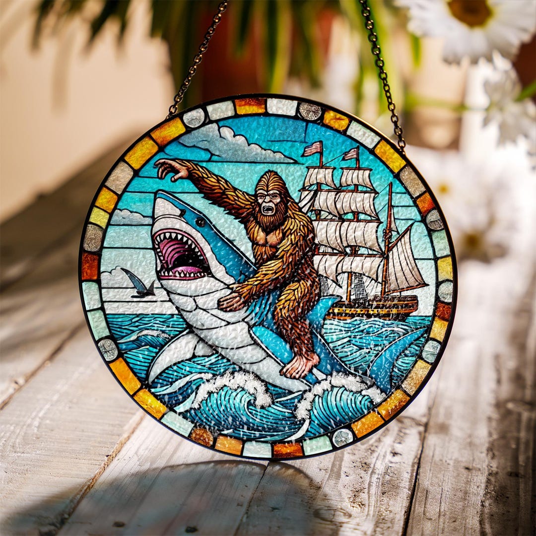 Funny Bigfoot and Shark GLASS Suncatcher, Unique Sasquatch Shark Decor ...