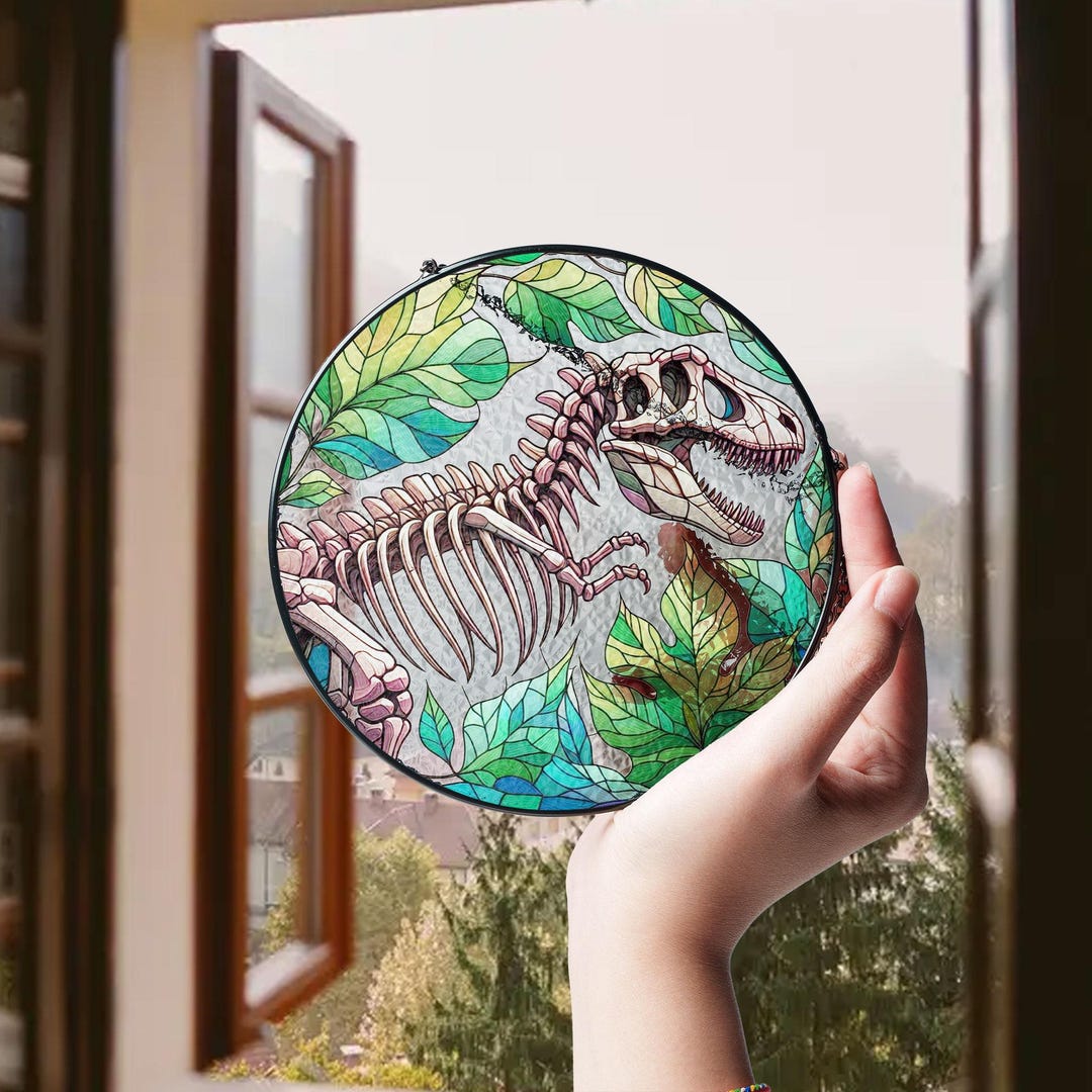 Skeleton Dinosaur T-rex Stained GLASS Suncatcher Decor, Dinosaur T-rex ...