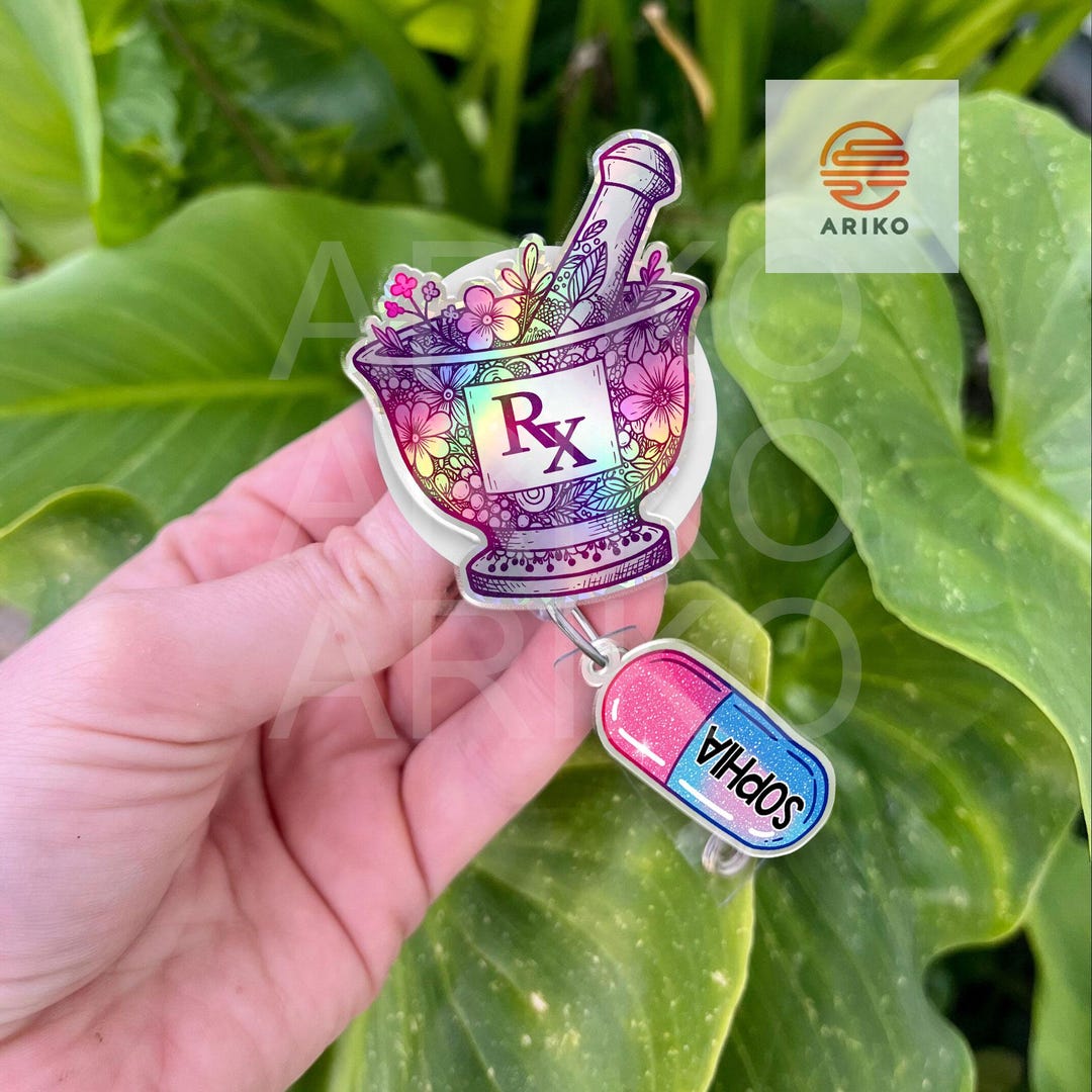 Personalized Floral RX Badge Reel, Pharmacy Pharmacist Badge Holder ...