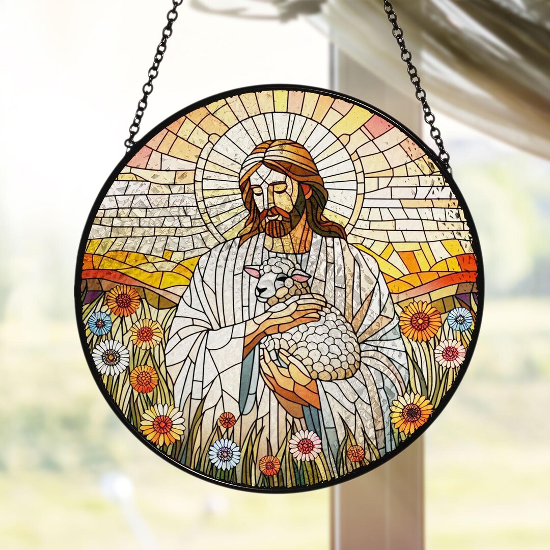 Jesus Christ Hugging Sheep Stained GLASS Suncatcher, Jesus Christ Art ...