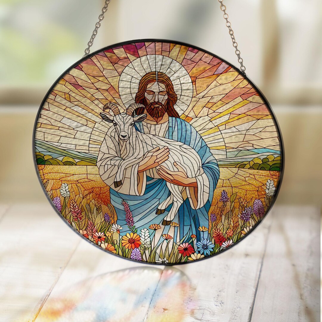 Jesus Christ Hugging A Goat Stained GLASS Suncatcher, Jesus Christ Art ...