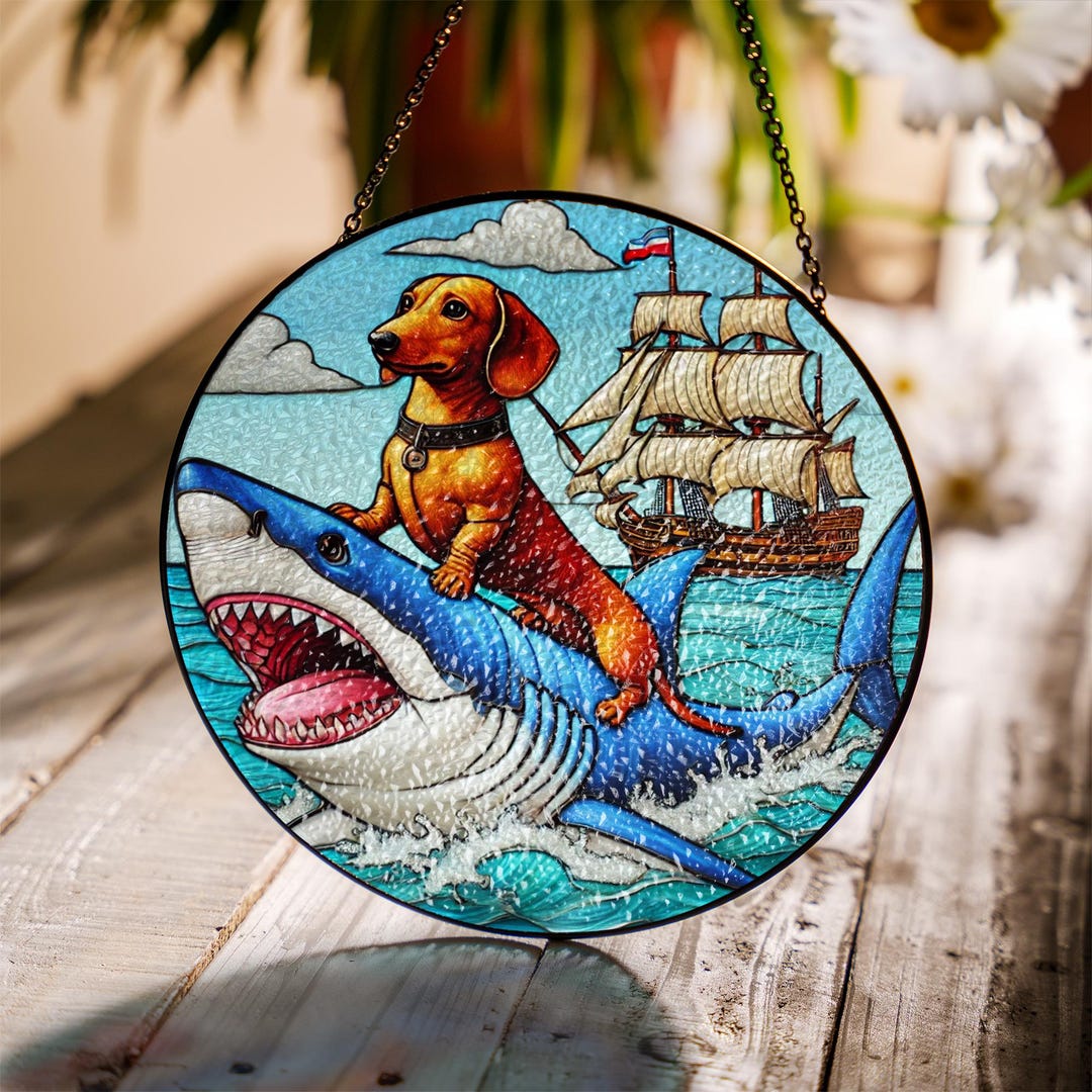 Funny Dachshund and Shark GLASS Suncatcher, Unique Dachshund and Shark ...