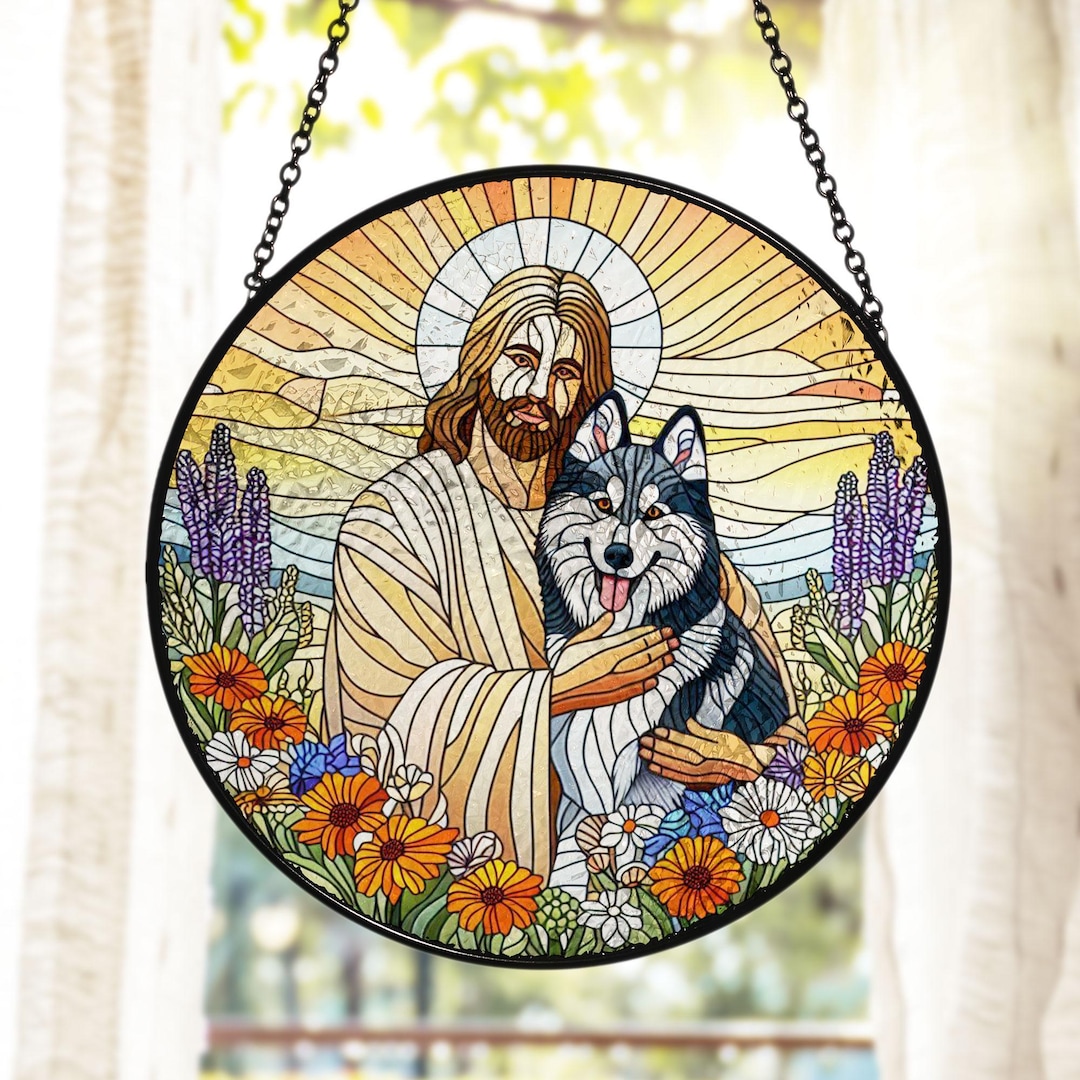 Jesus Christ Hugging Husky Dog Stained GLASS Suncatcher, Jesus Christ ...