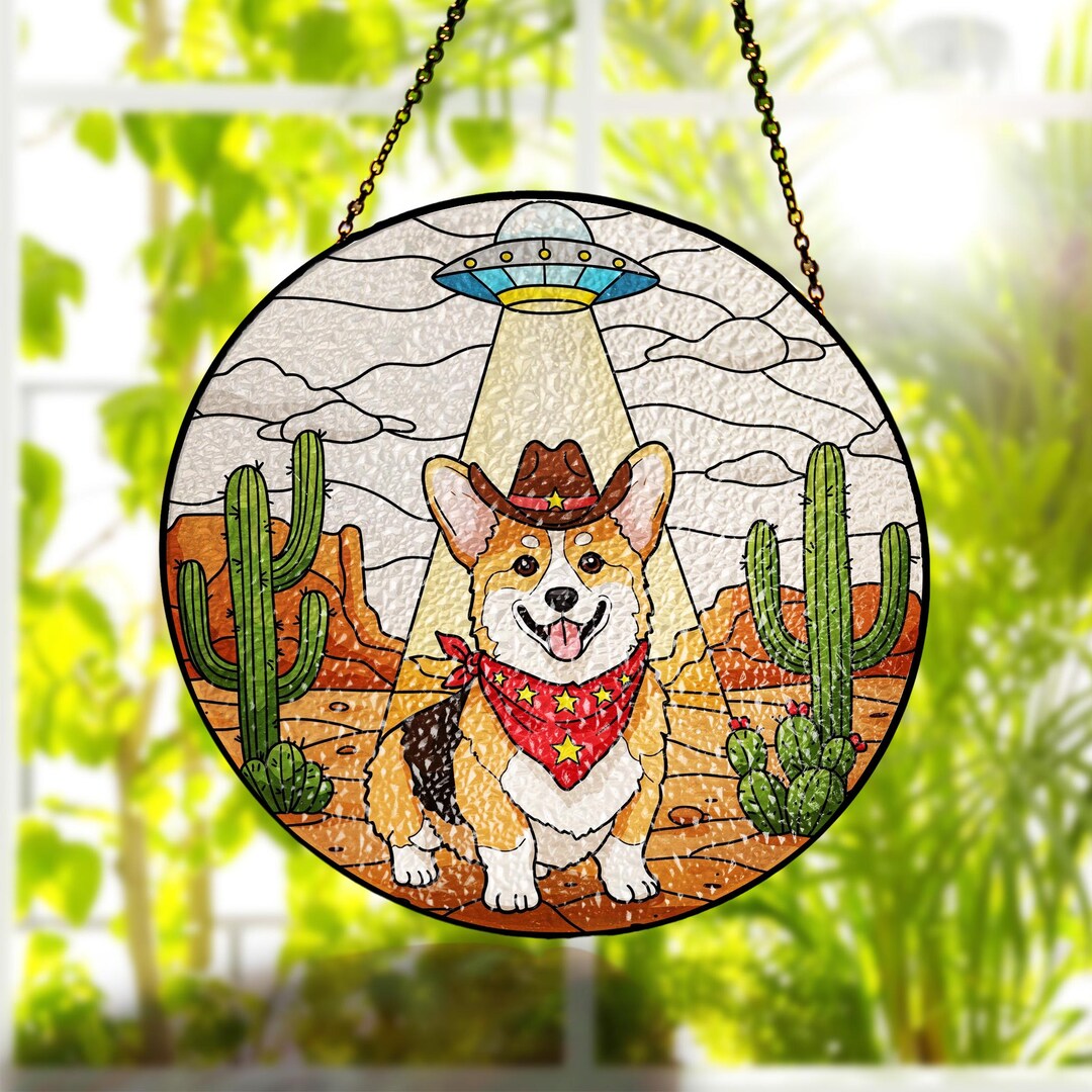 UFO Cowboy Corgi Glass Suncatcher, Whimsical Decor for Dog Lovers ...