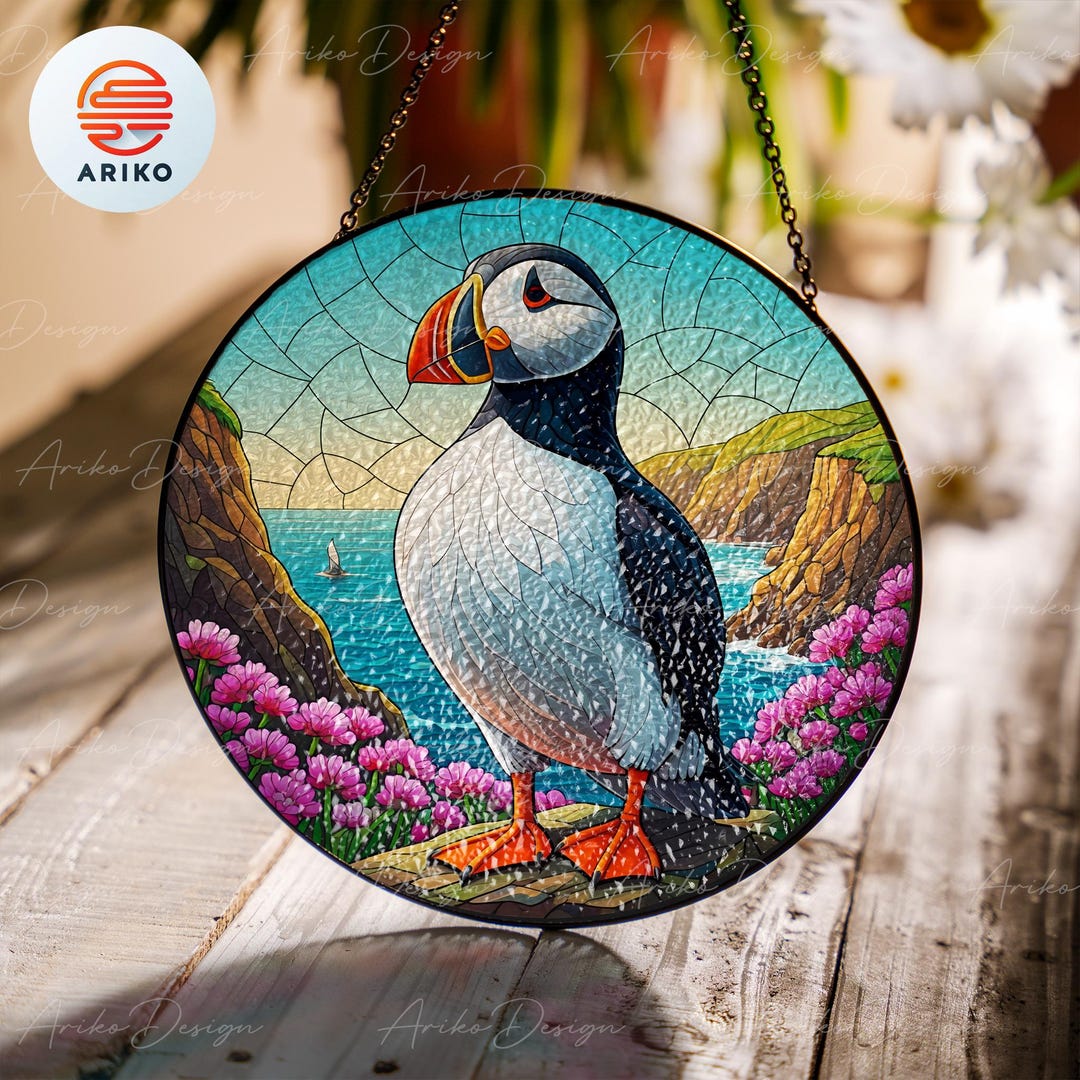 Puffin and Cliff Landscape GLASS Suncatcher, Puffin Suncatcher, Puffin ...