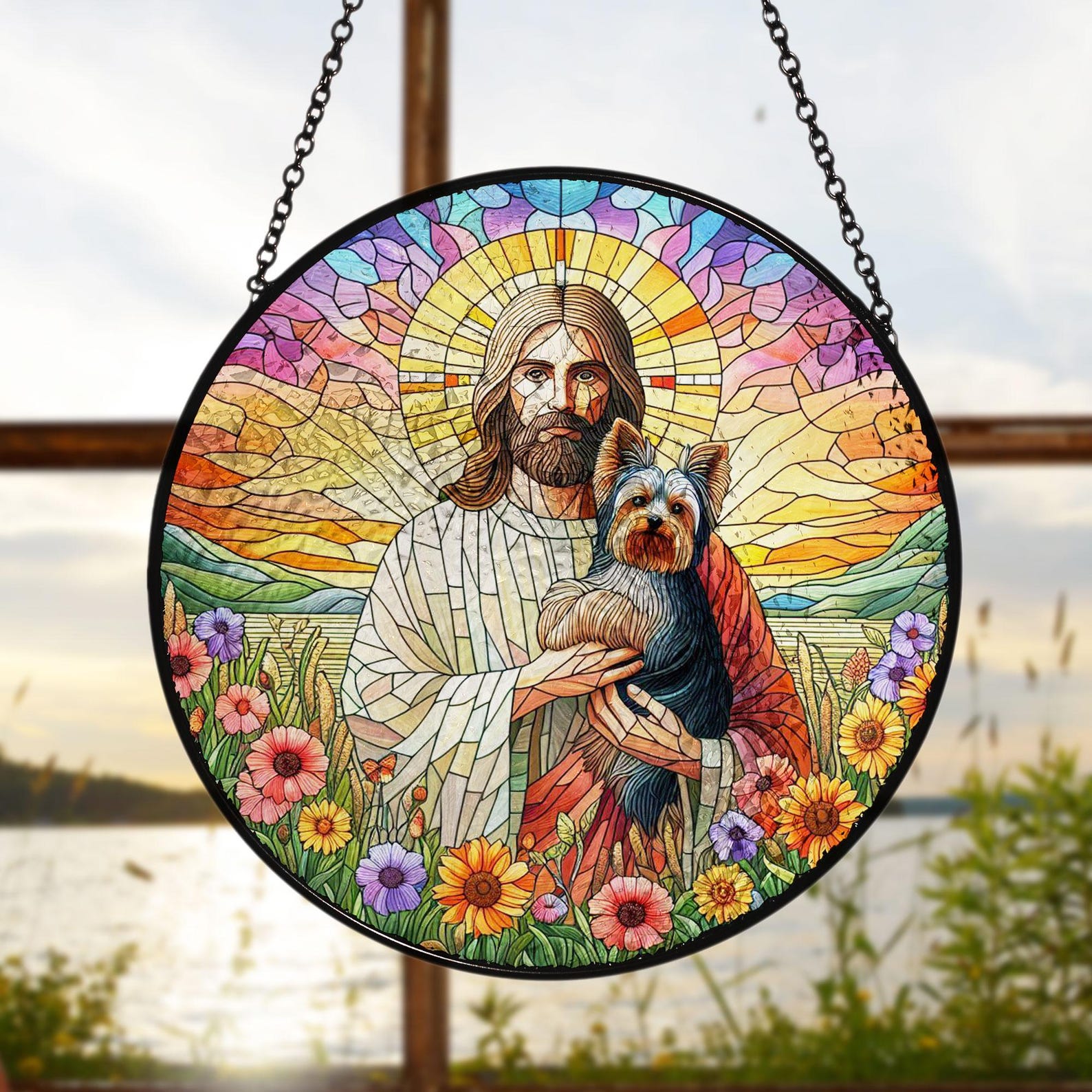 Jesus Christ Hugging Yorkshire Dog Stained GLASS Suncatcher, Jesus ...