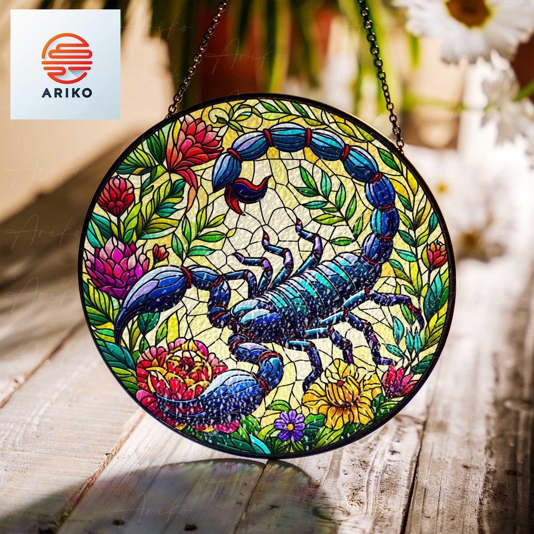 Vibrant Scorpion Among Flowers Glass Suncatcher Insect FAUX Stained ...