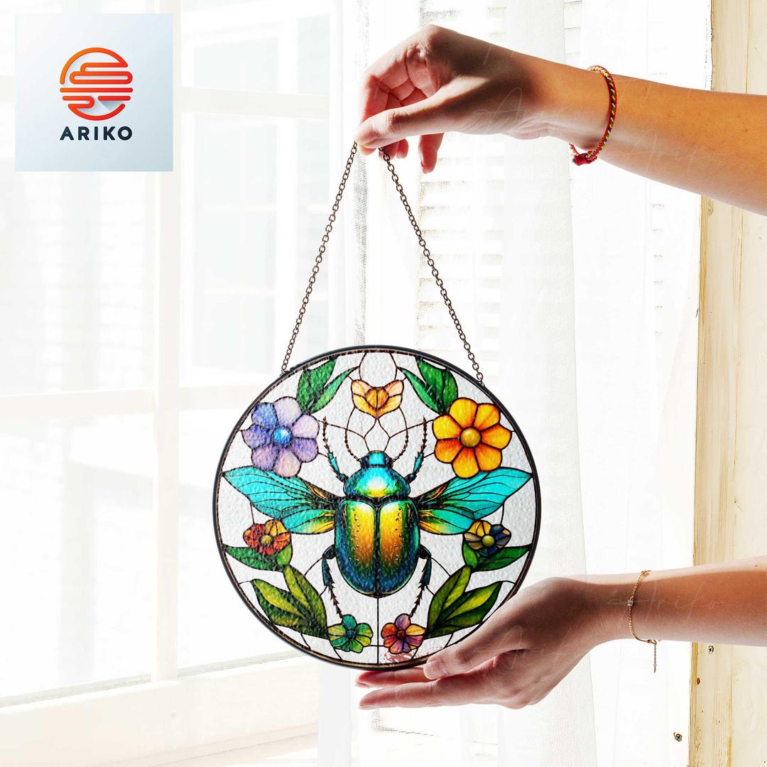 Vibrant Beetle Among Flowers Glass Suncatcher Insect FAUX Stained Glass ...