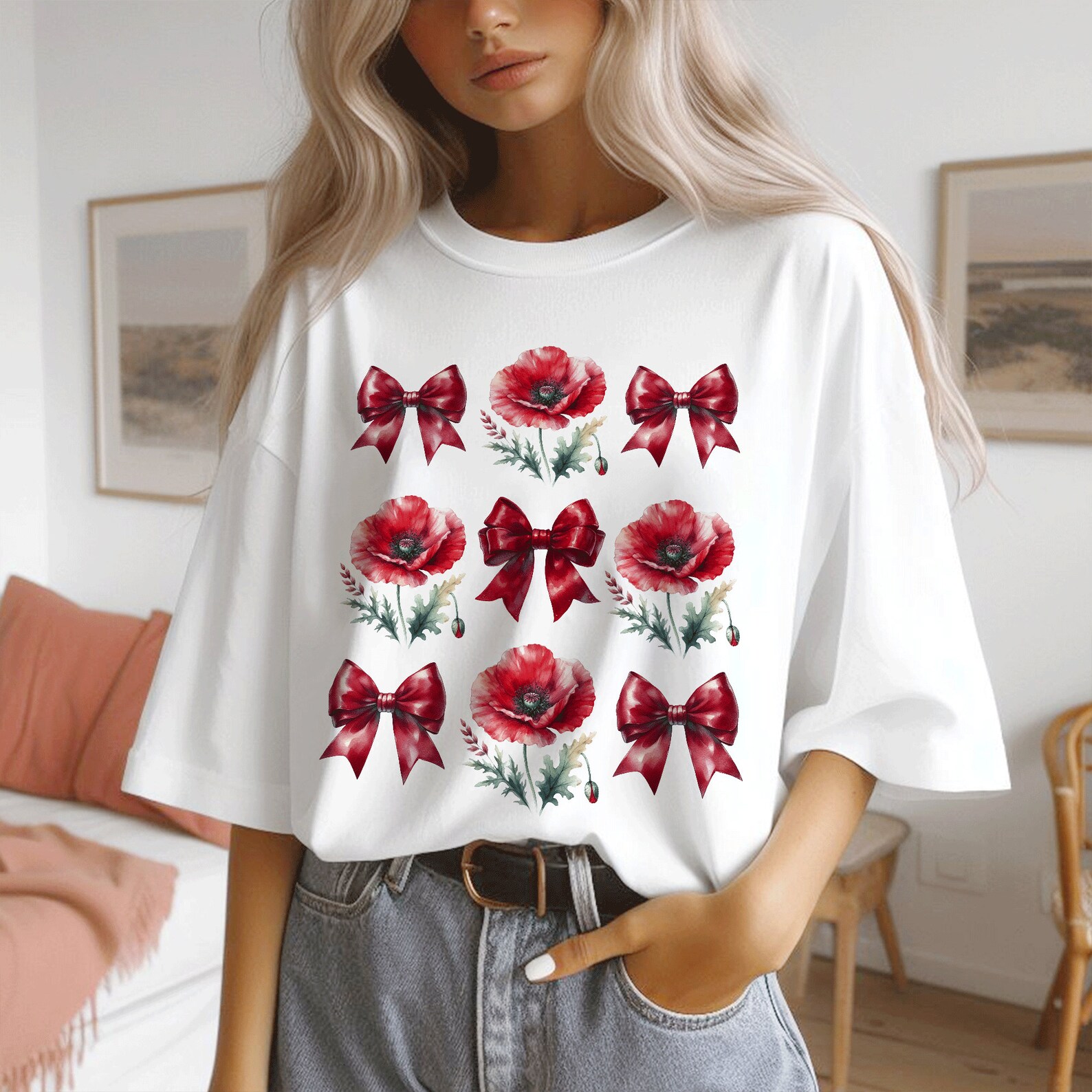 Retro Common Poppy Flower Bow Png, Nature Coquette Red Poppy PNG, Red ...