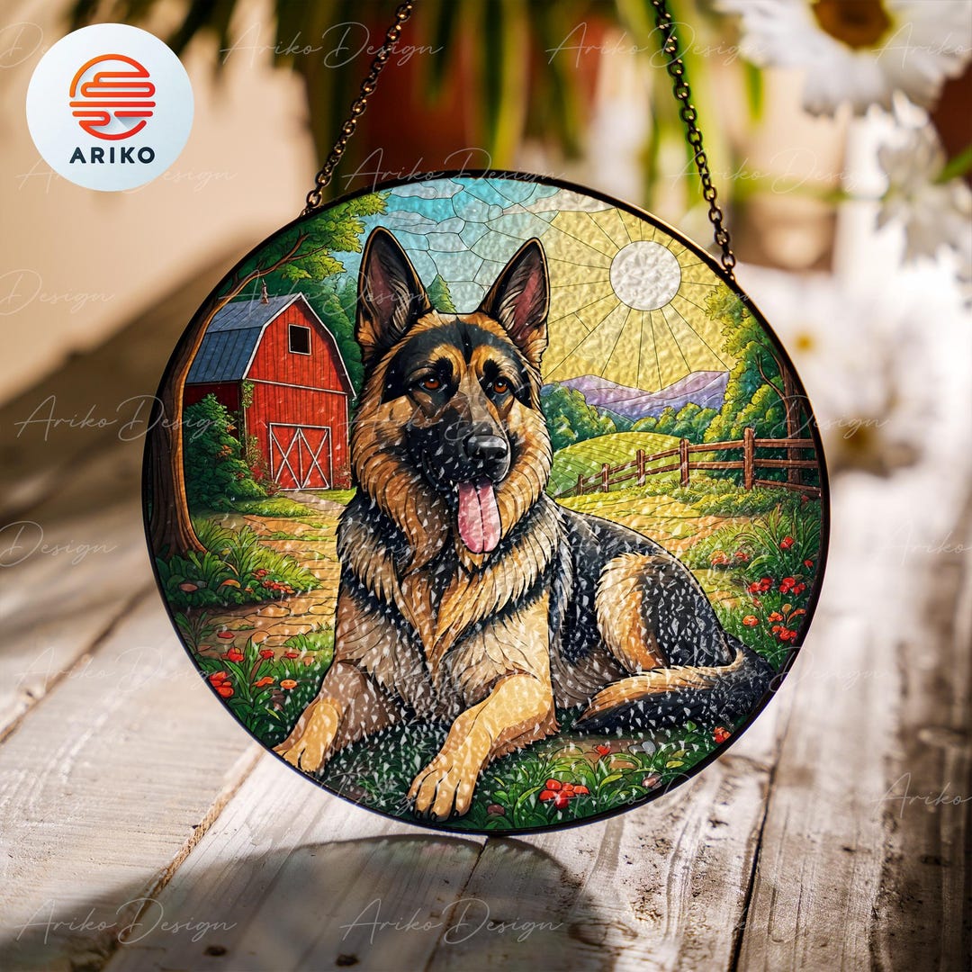 German Shepherd in Farm GLASS Suncatcher, Animal Suncatcher, Shepherd ...