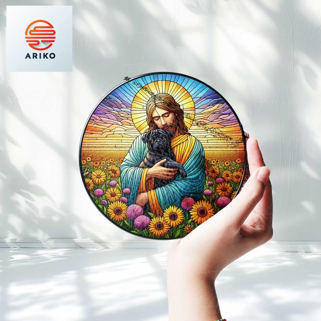 Jesus Christ Hugging A Black Pug GLASS Suncatcher Decor, God Window ...