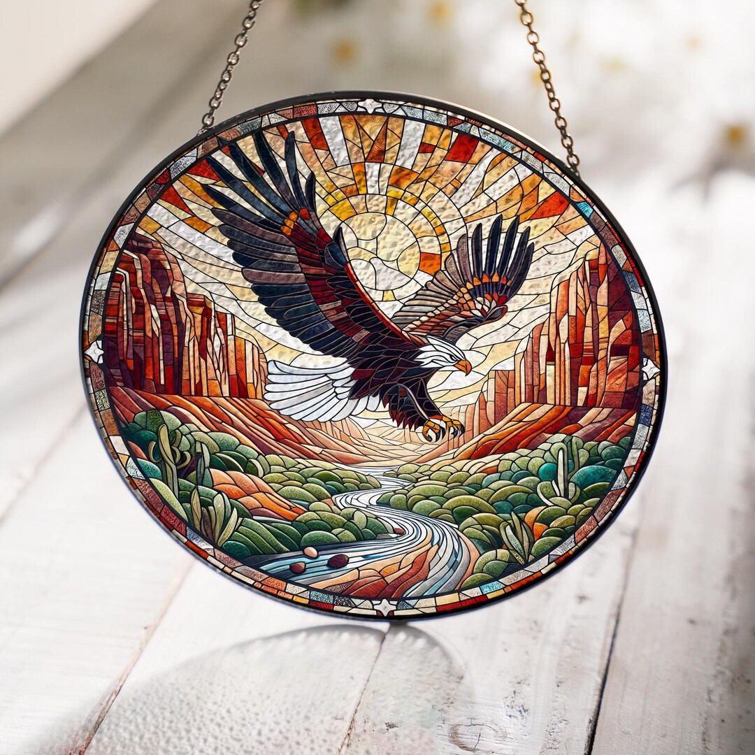 Eagle Soaring Above a Canyon Stained GLASS Suncatcher Decor, Eagle Window Hanging Decor, Canyon ...