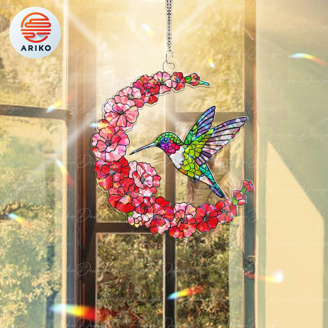 Hibiscus Crescent Moon With Hummingbird Hologram Window Hanging ...