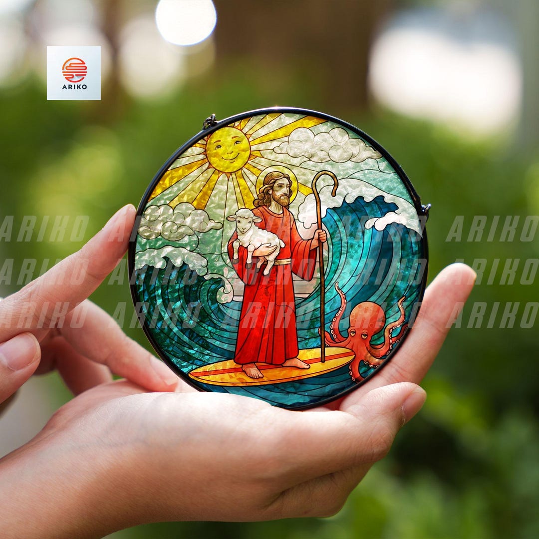 Surfing Jesus Funny Glass Suncatcher, Funny Jesus Surfing Hanging Sign ...