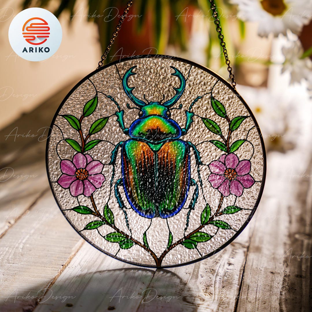 Beetle and Flowers GLASS Suncatcher, Insect Suncatcher, Housewarming ...