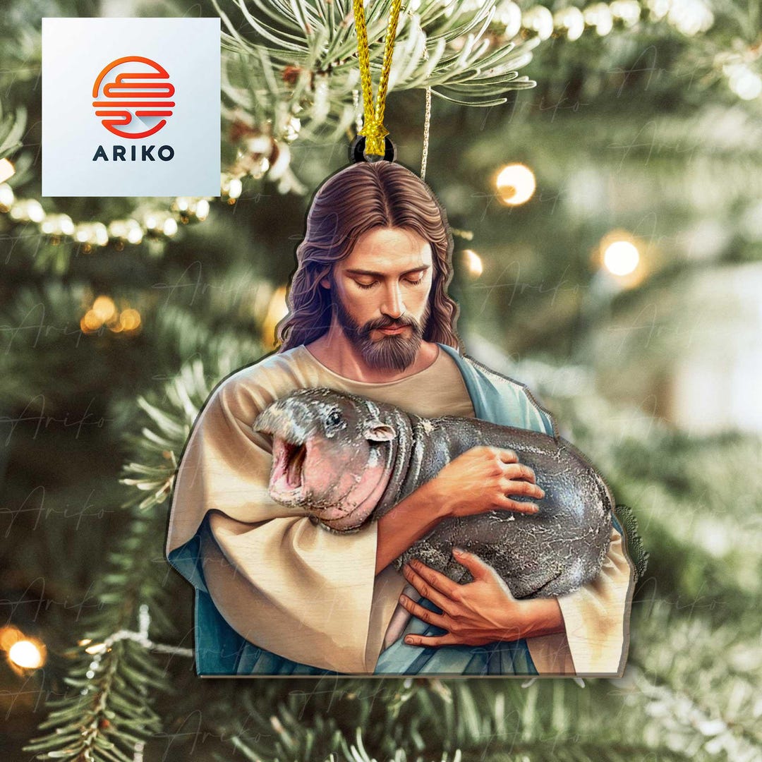 Jesus Hugging Cute Baby Hippo Moo Deng Ornament, Viral Meme Hippo ...