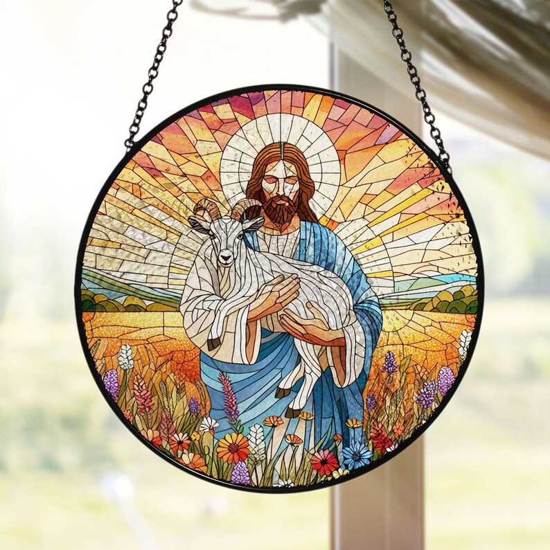 Jesus Christ Hugging A Goat Stained GLASS Suncatcher, Jesus Christ Art ...
